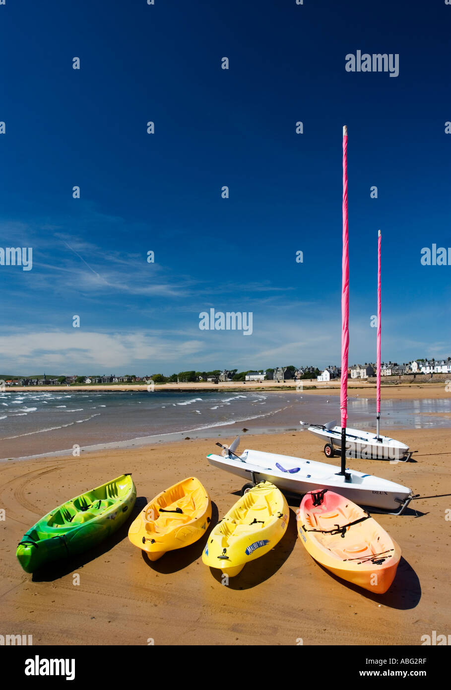 Colourful sailing boats on beach at Elie in East Neuk of Fife in ...