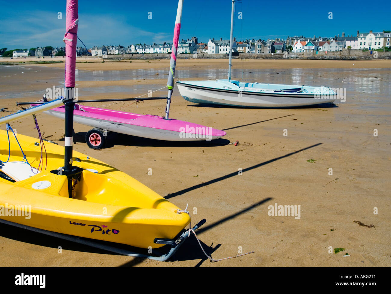 Colourful sailing boats on beach at Elie in East Neuk of Fife in ...