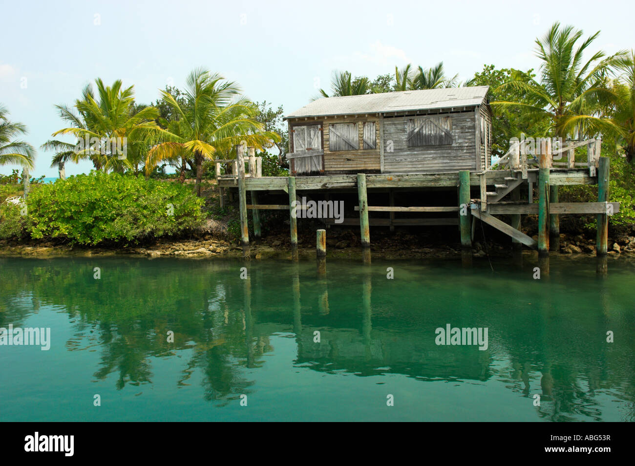 Old wooden shack on stilts by waterfront at Stuart Cove s Diving Nassau ...