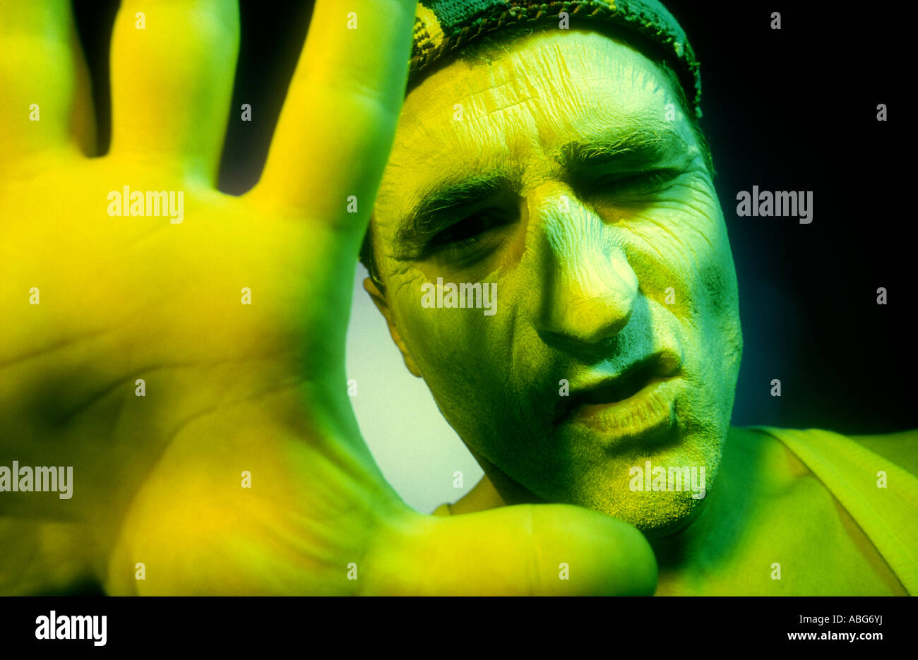 MAN AGGRESSIVE EXPRESSION PORTRAIT. HAND STOP FIVE FINGERS GESTURE ...