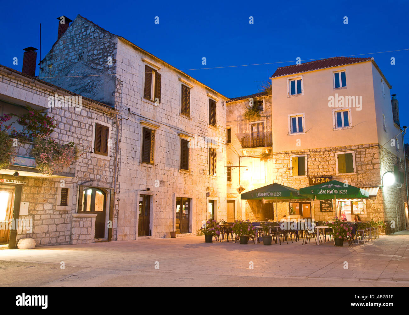 House facades and cafes, Stari Grad, Island Hvar, Dalmatia, Croatia ...
