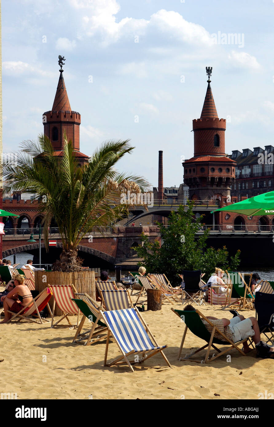 Locals and tourists enjoy outdoor beach bars in Berlin Germany Stock ...