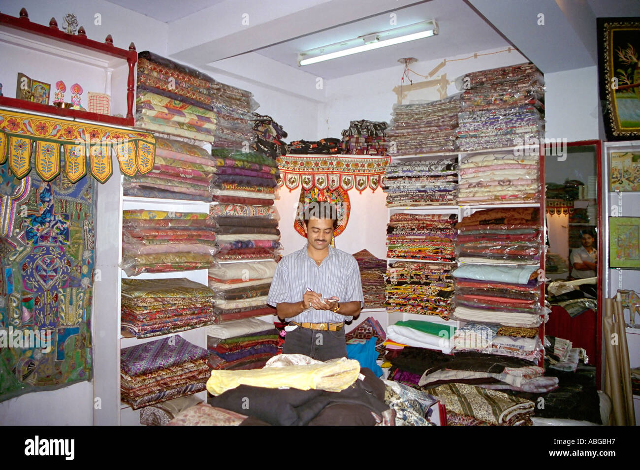 Textile and carpet shop in Agra India displaying cloth used to make ...