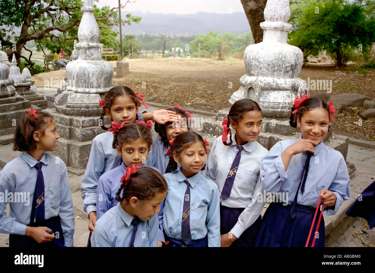 Nepalese girls in school uniform at Swayambhounath in Kathmandu Valley ...