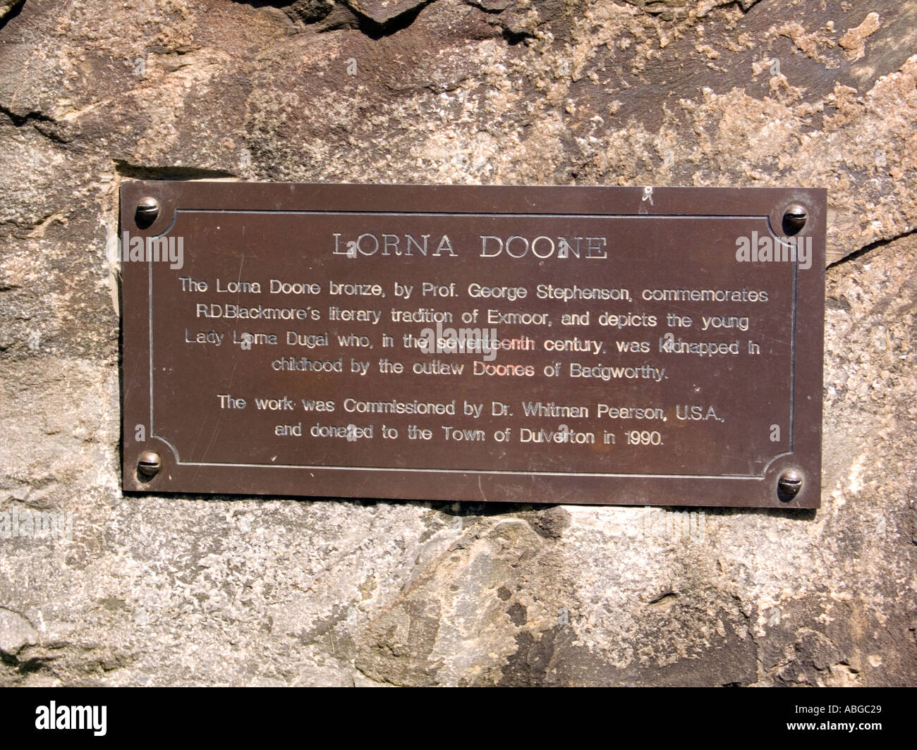 Plaque, Lorna Doone bronze statue Dulverton, Exmoor, Somerset, England ...