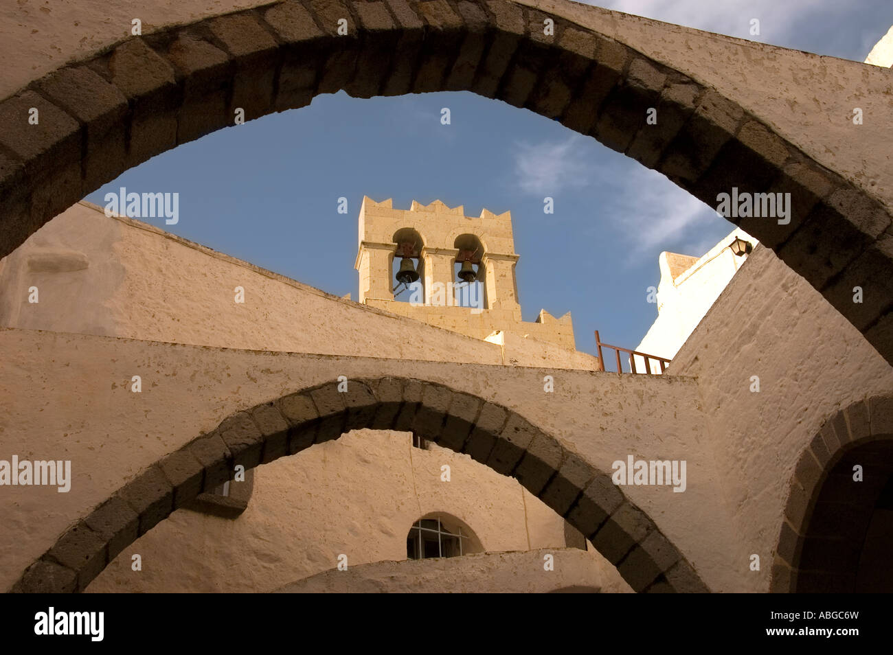 Bell tower of the Monastery St John the Theologian in Patmos island ...