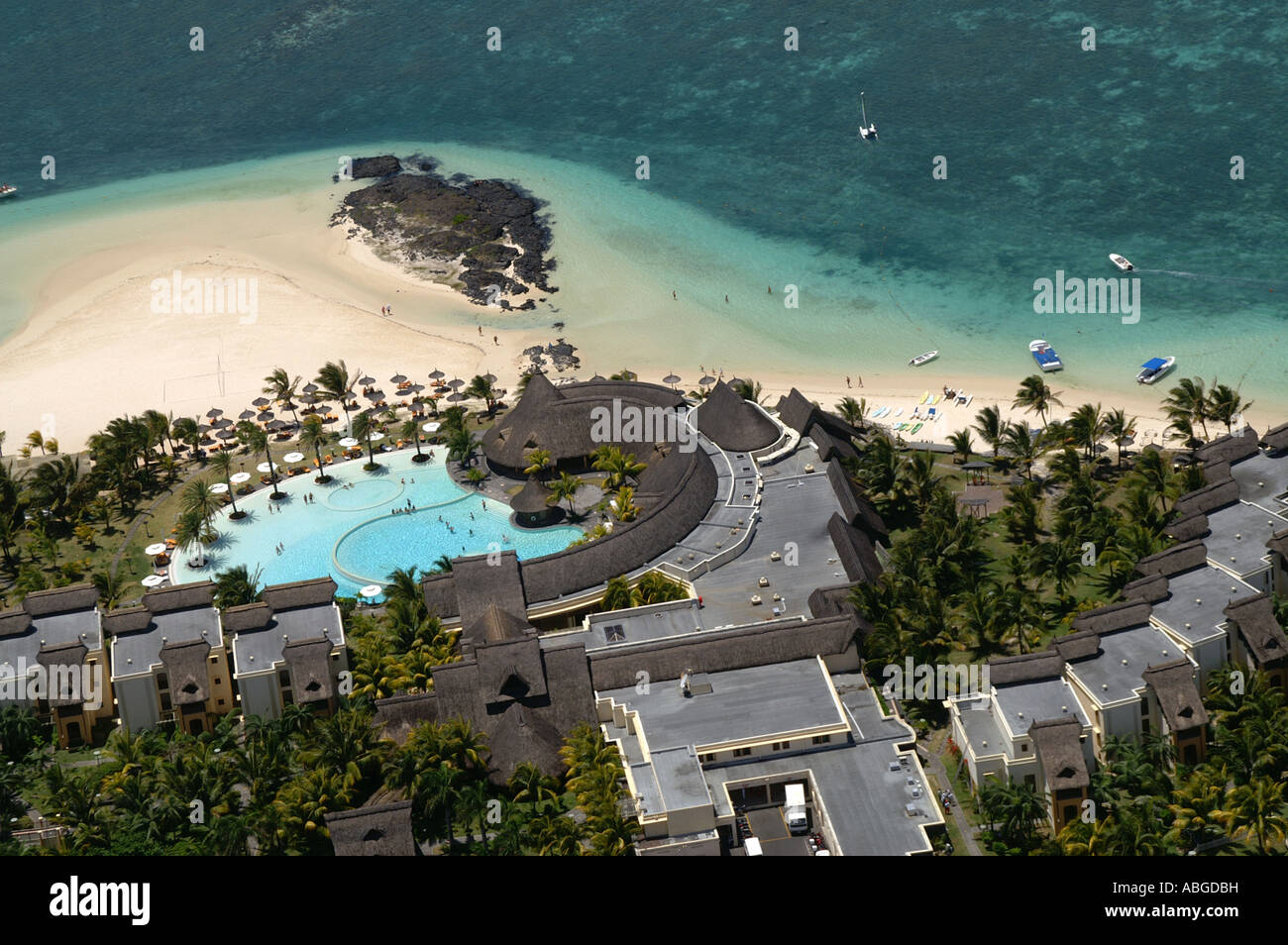 Aerial view, coral reefs, sea and hotel area, Mauritius, Mascarene ...