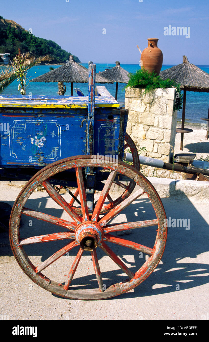 Old folk art decorated wagon beside the Aegean Aphytos Chalkidiki ...
