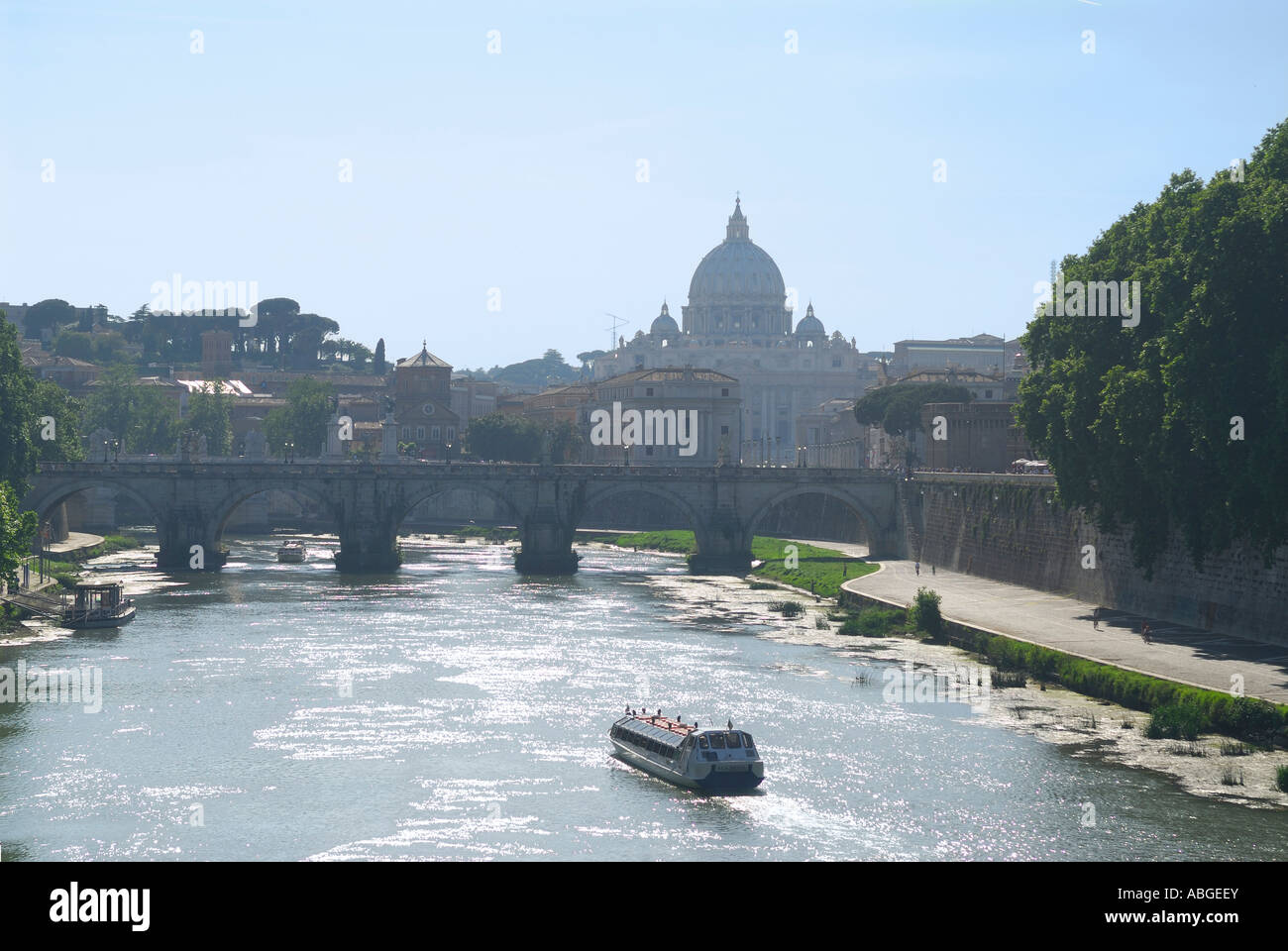 Boat cruise on the Tiber river with St Peters Papal Basilica Rome Italy ...