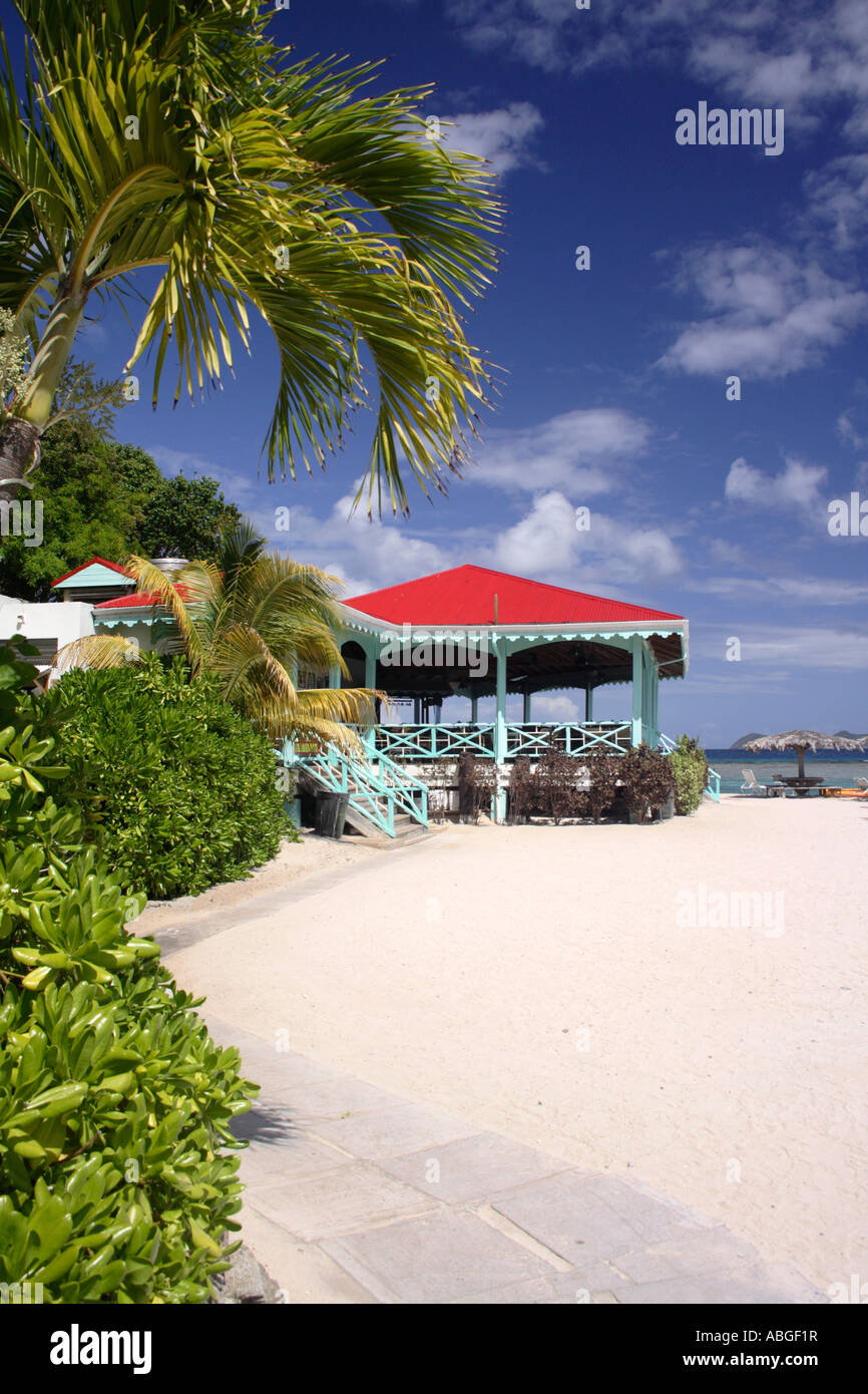 View of Pussers restaurant from shore on marina cay BVI Stock Photo - Alamy