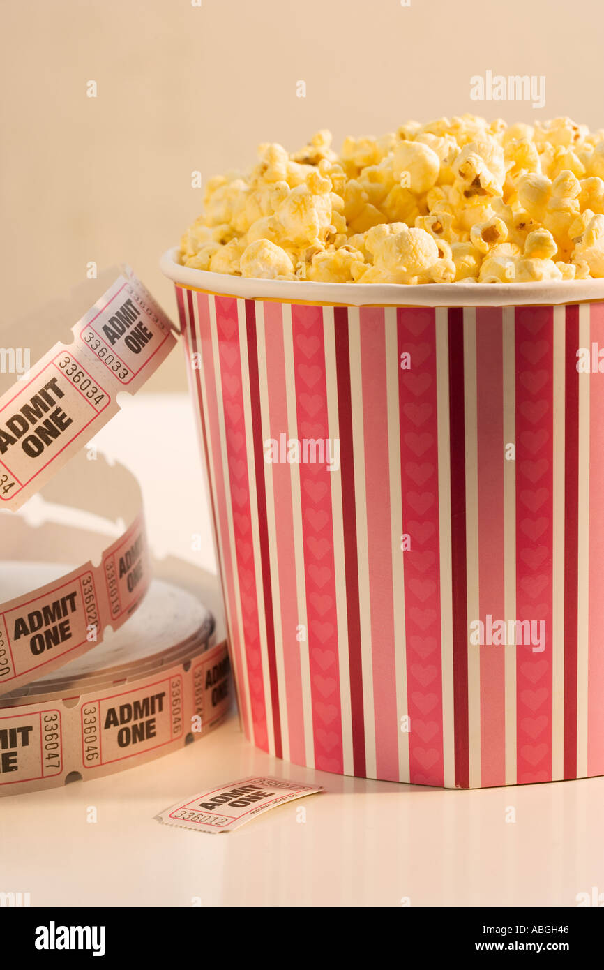 Still life of popcorn and ticket to a movie Stock Photo - Alamy