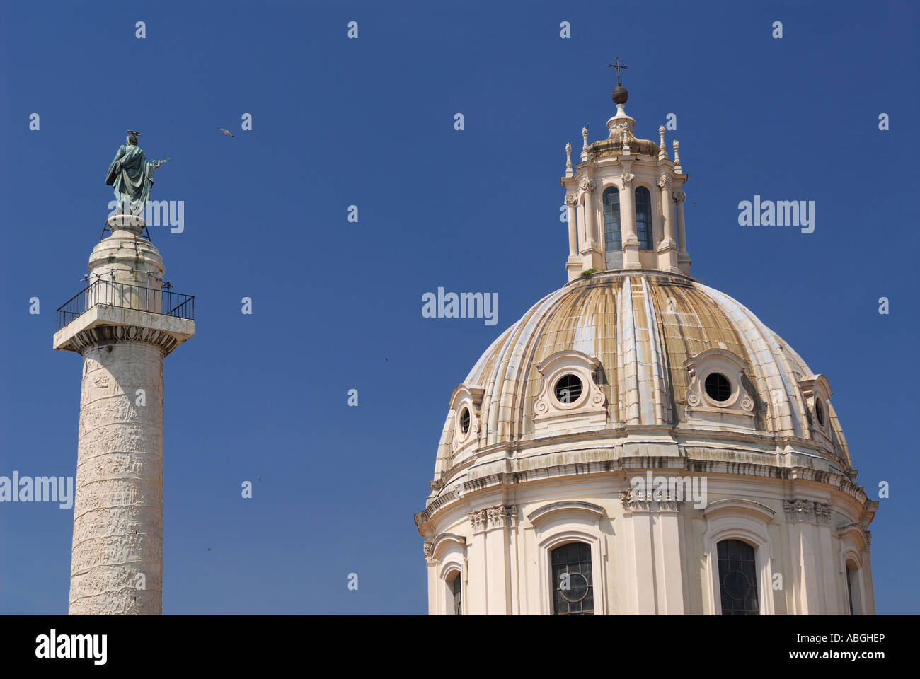 Basilica Ulpia and Column of Trajan in Roman Forum Rome Italy on blue ...