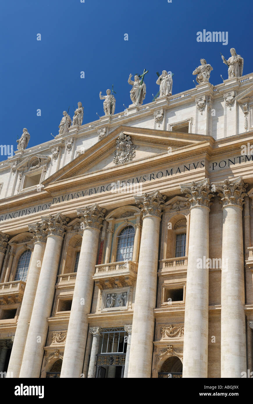 Vertical detail of entrance pillars and statues facade of St Peters ...