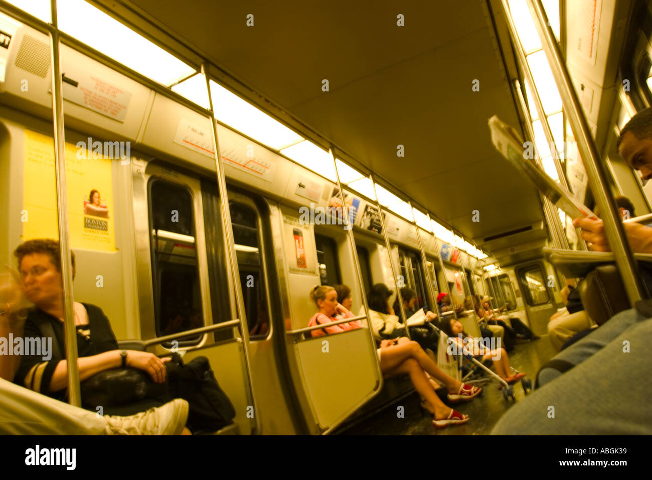 Passengers sitting inside a subway train in Boston Massachusetts USA ...