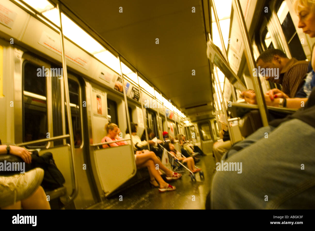 Passengers sitting inside a subway train in Boston Massachusetts USA ...