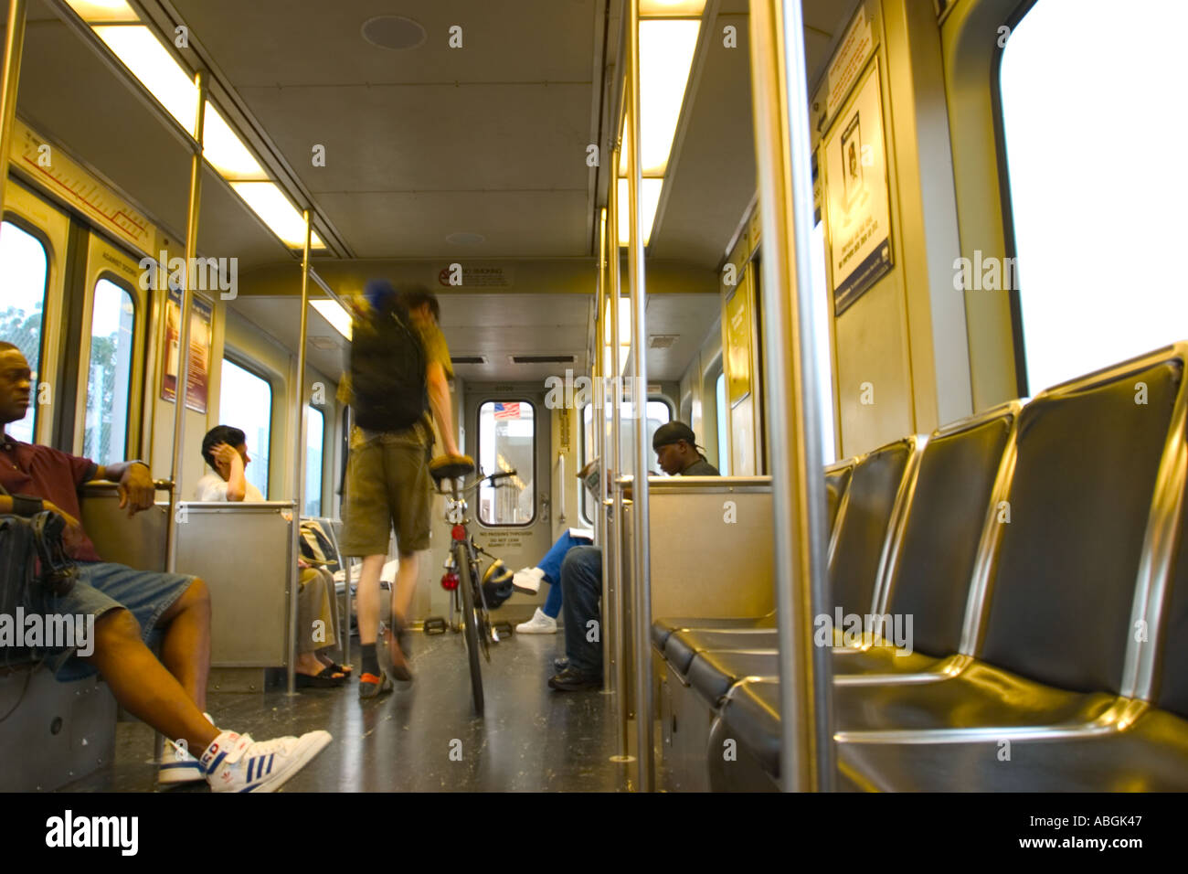 Passengers inside an almost empty subway train in Boston Massachusetts ...