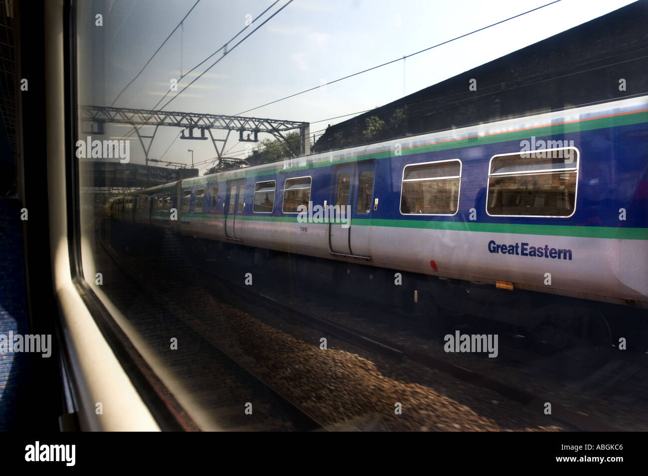 Great Eastern train Essex England seen throught the window of another ...