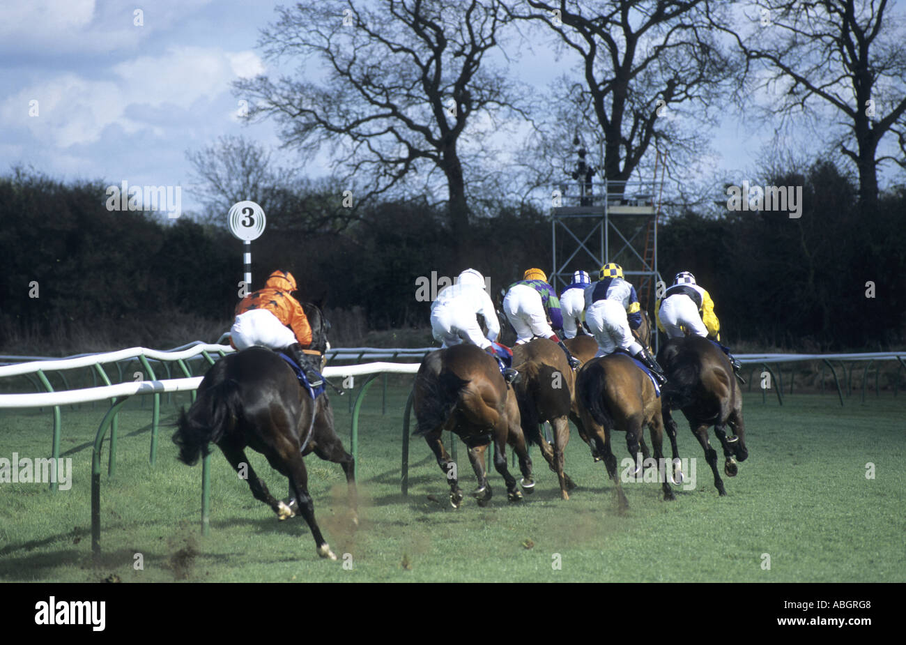 Horses passing three furlong marker in flat race at Warwick Races ...