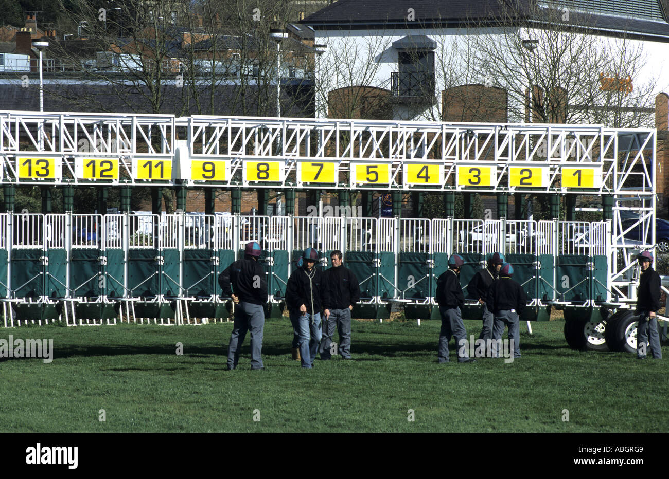 Starting stalls and stalls handlers at Warwick Races, Warwickshire ...