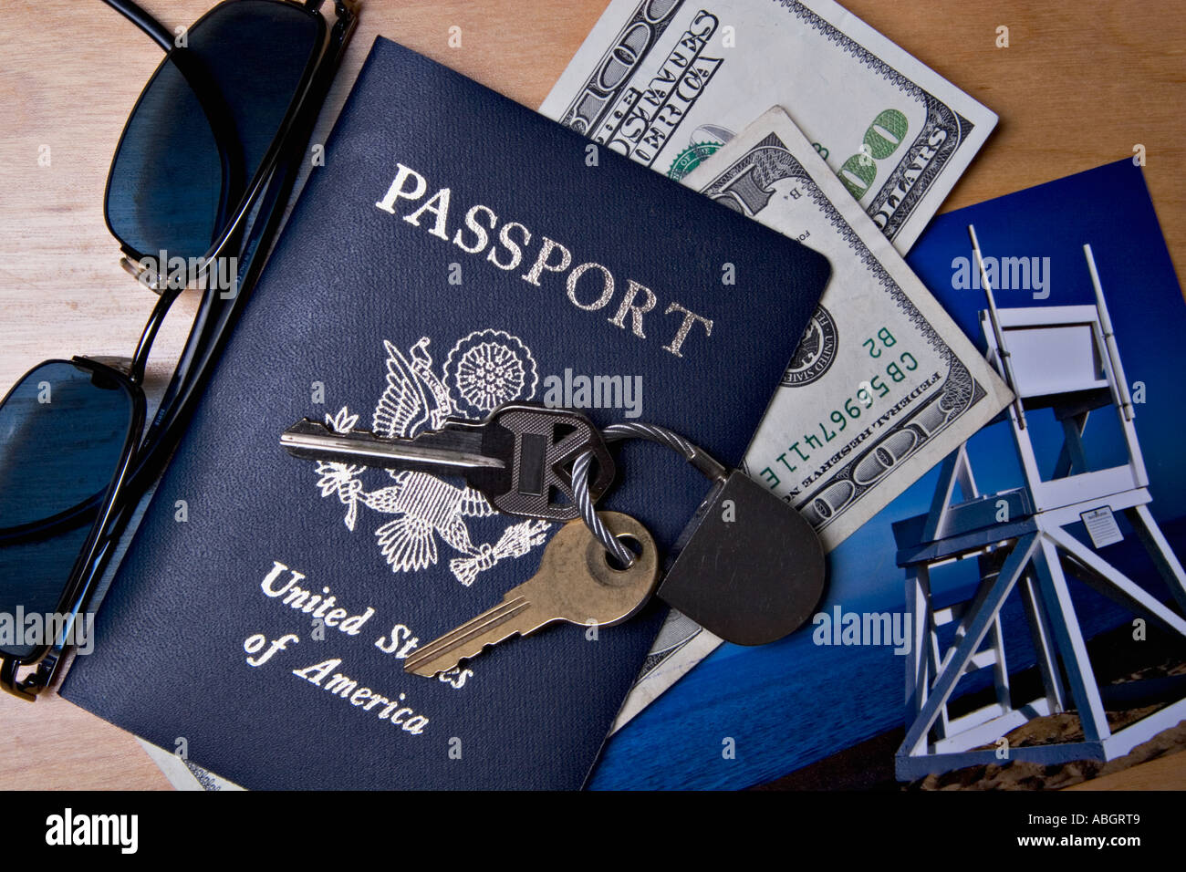 United States passport, keys, sunglasses and money. Great travel image ...