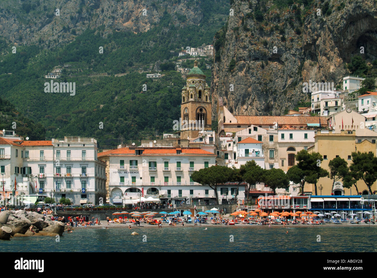 Amalfi Coastline view from sea town waterfront sandy beach medieval ...