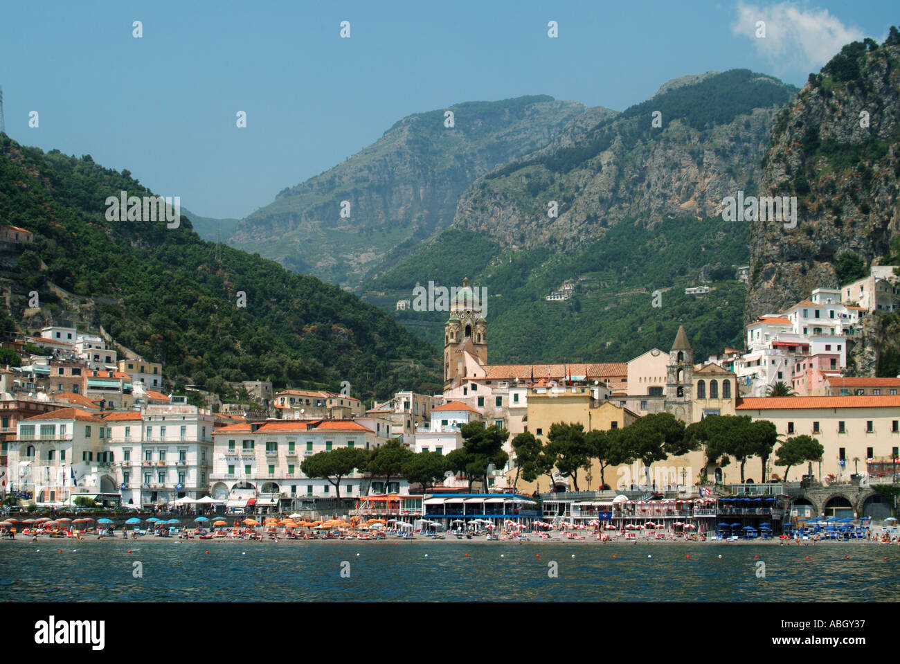 Amalfi Town seaside beach waterfront blue sky view from Tyrrhenian Sea ...