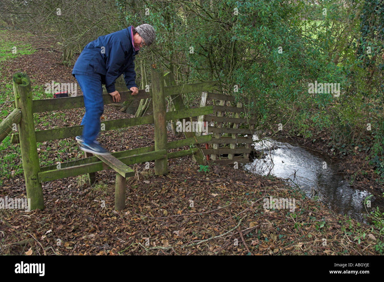 Woman on walk crossing wooden stile on country path in woods Stock ...
