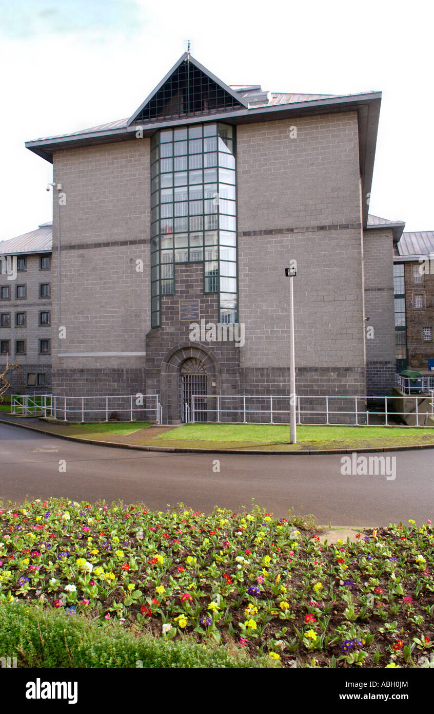 Flowerbeds outside cellblock wing within the walls of Cardiff Prison ...