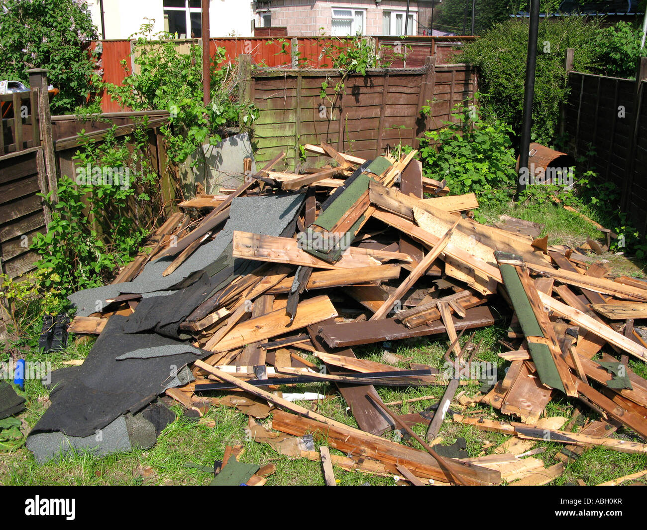 Garden shed demolished in garden UK Stock Photo - Alamy