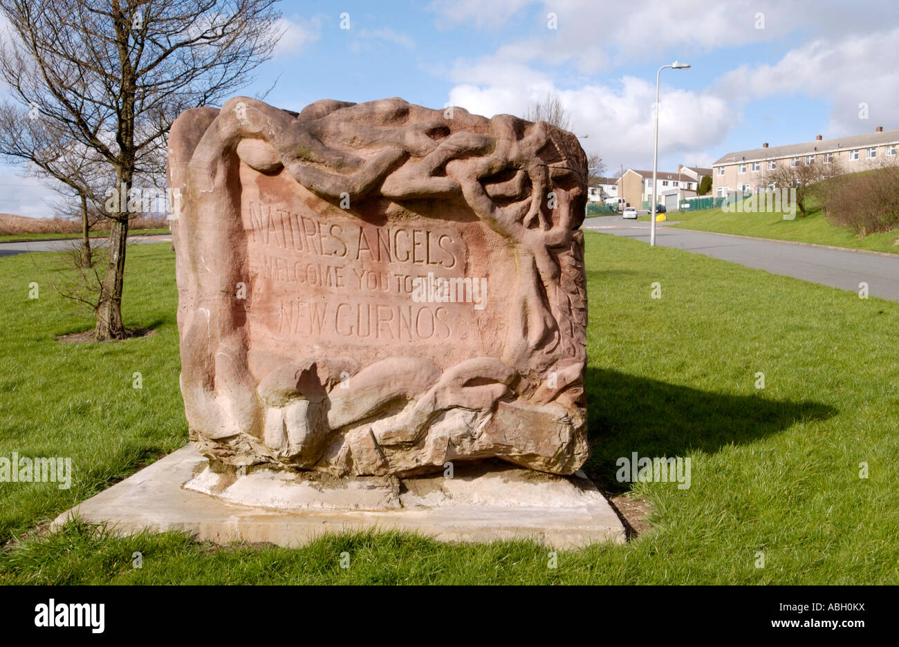 Community sculpture at entrance to Gurnos Estate Merthyr Tydfil South ...