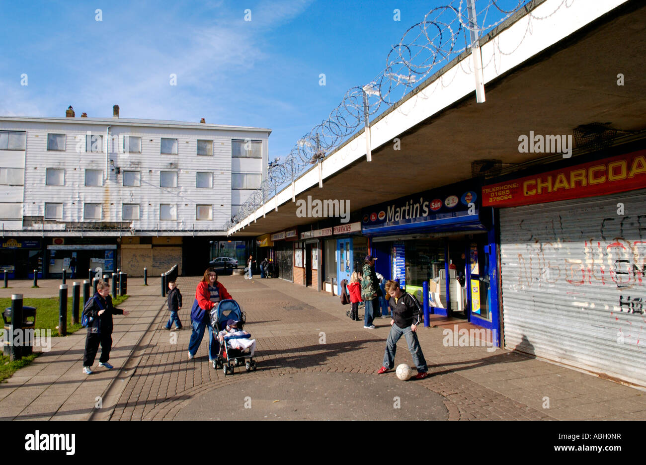 Run down shopping centre on Gurnos Estate Merthyr Tydfil South Wales UK ...