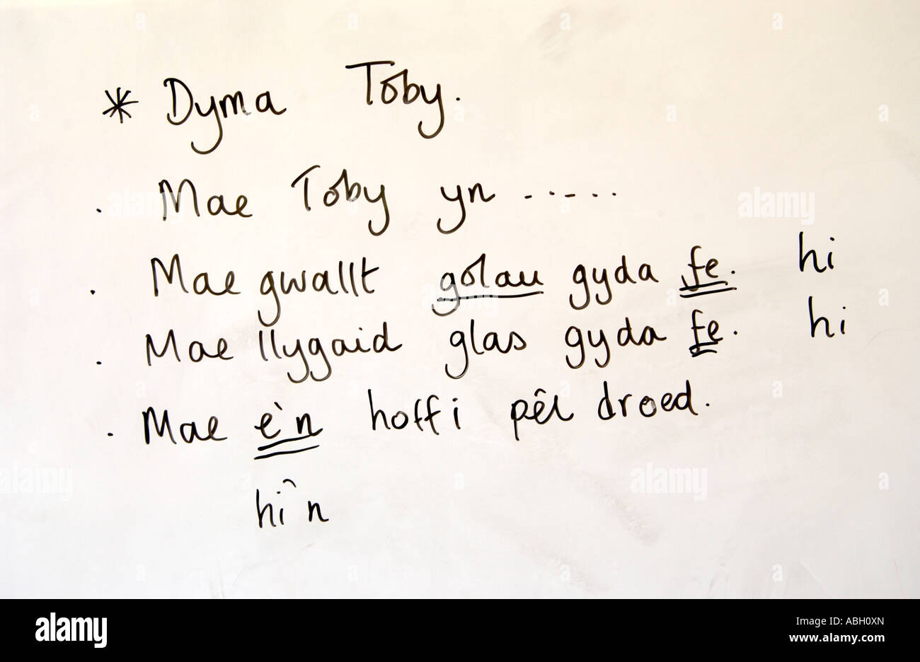 Welsh language written on white board in Cardiff primary school South ...