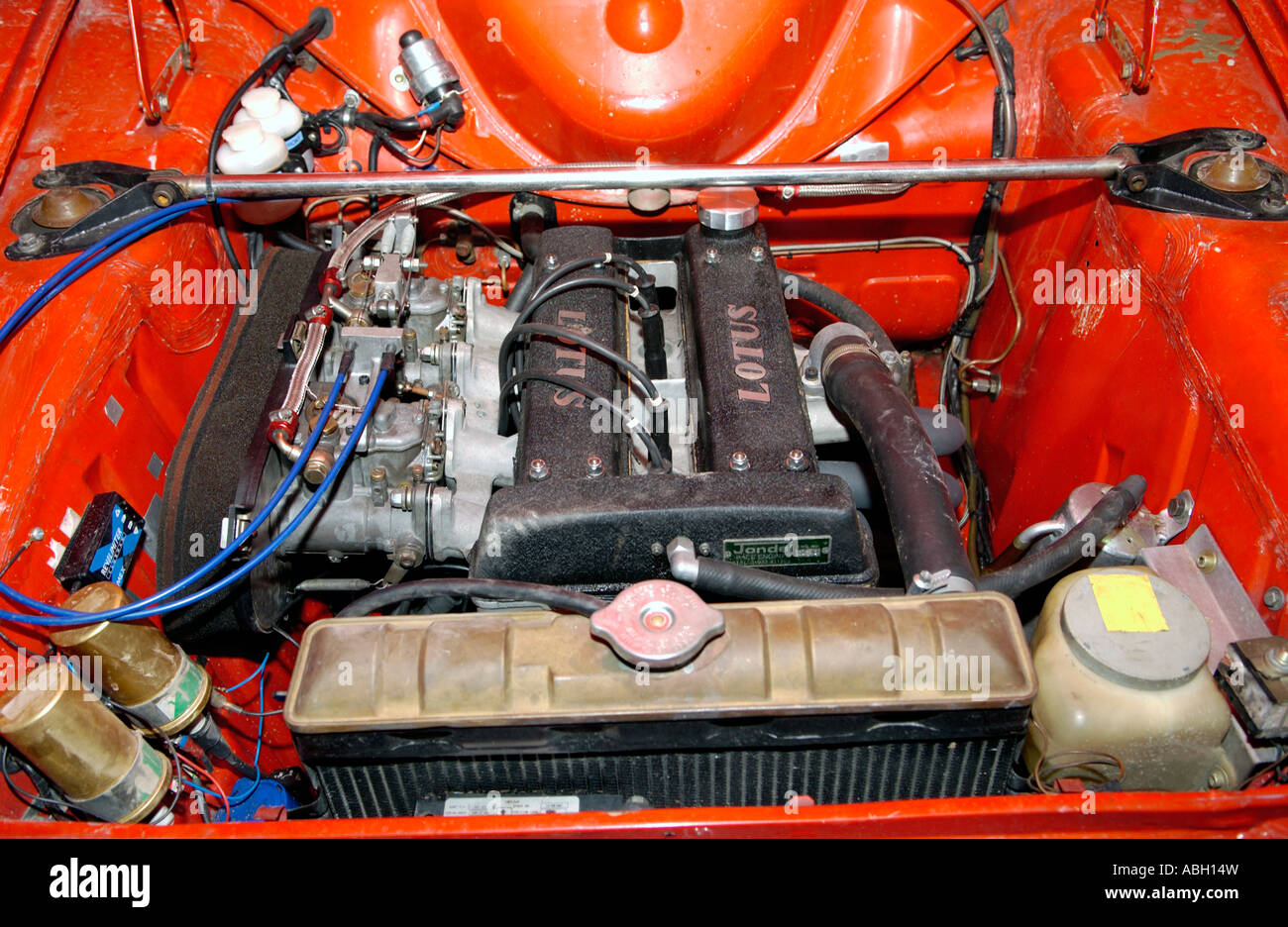 Rally prepared engine of Vintage Ford Lotus Cortina rally car at the ...