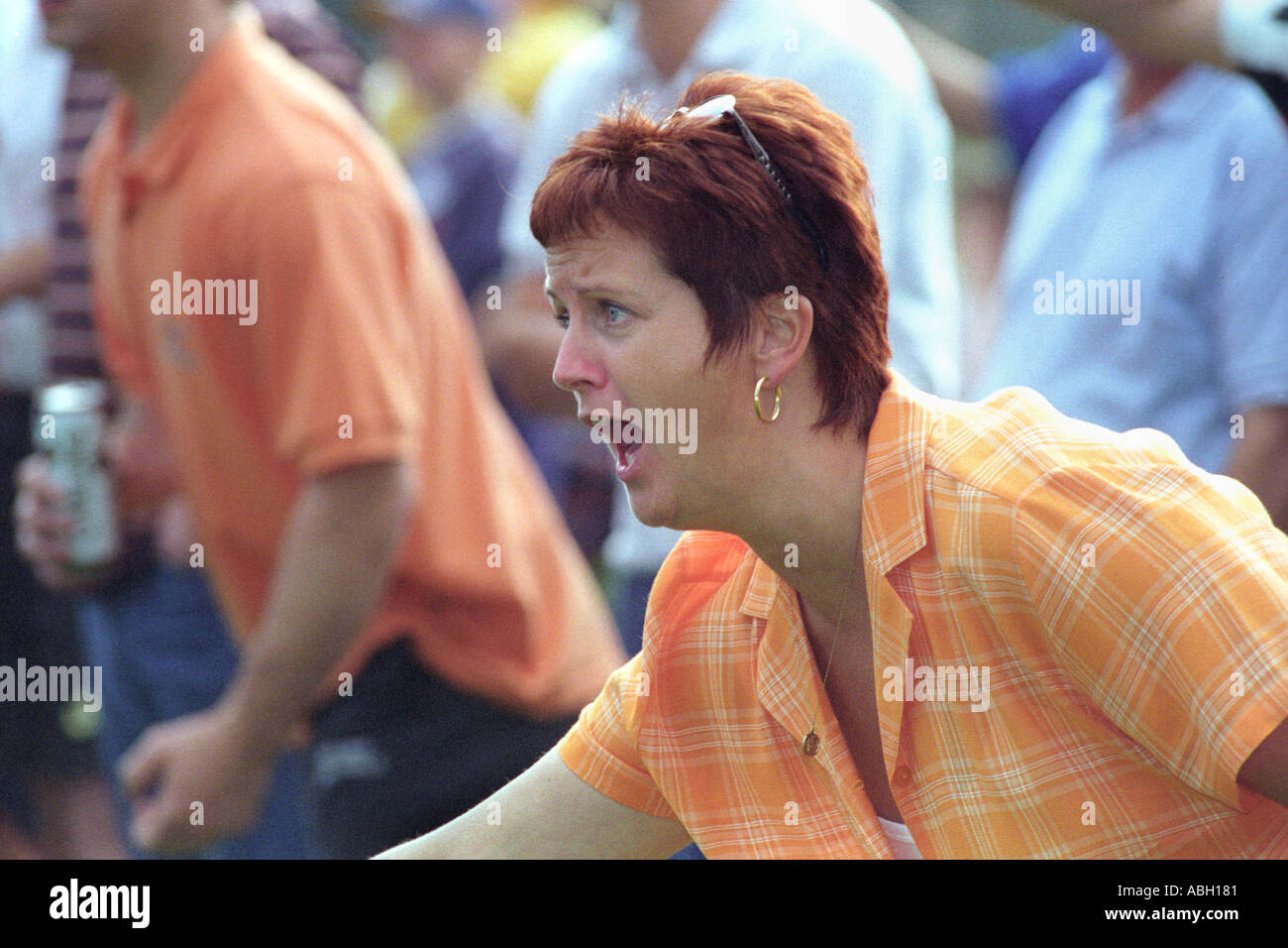 Woman urging on her rugby team at the annual Bedlinog Sevens Tournament ...
