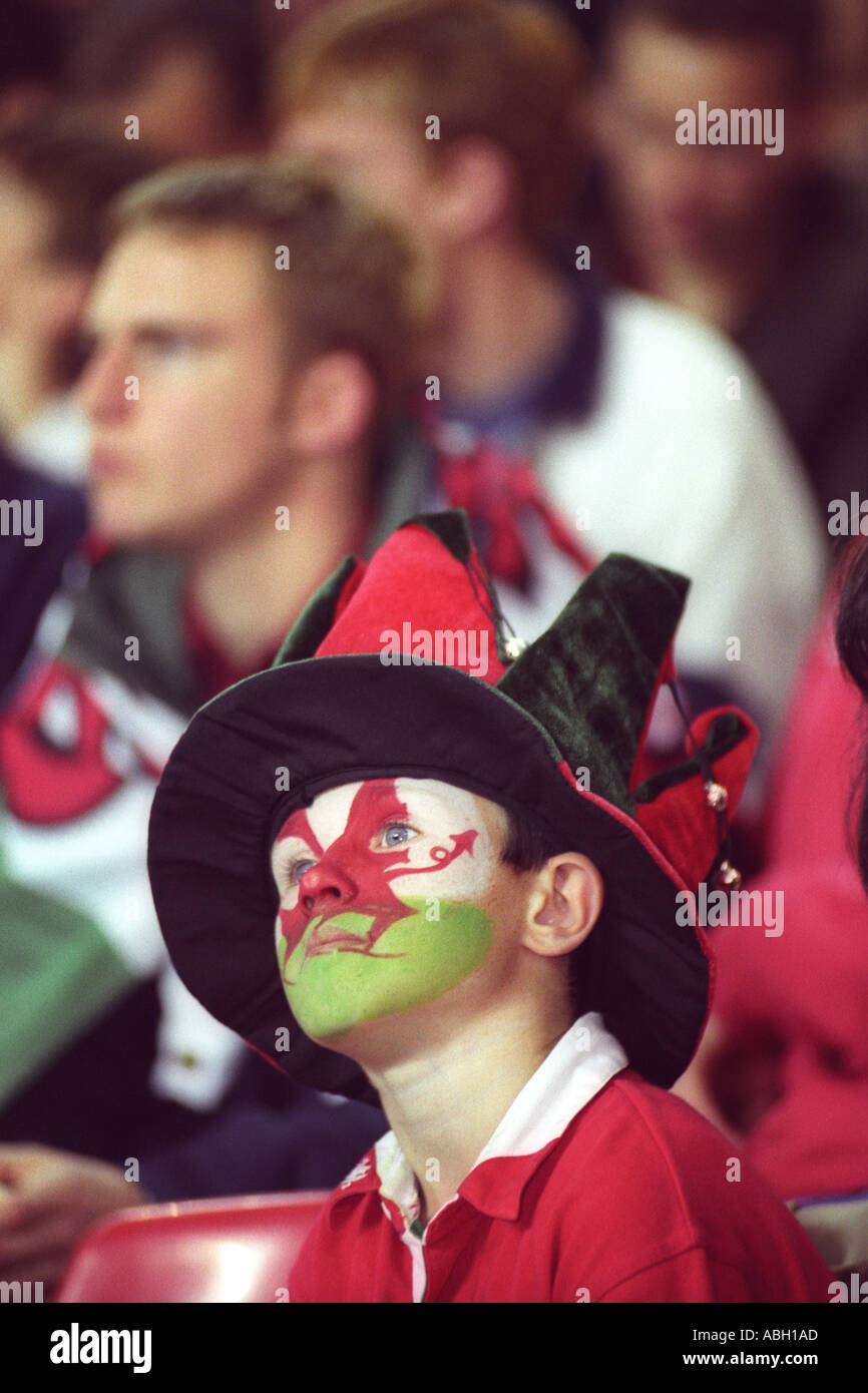 Young Welsh rugby fan wearing a jesters hat and face painted with a red ...