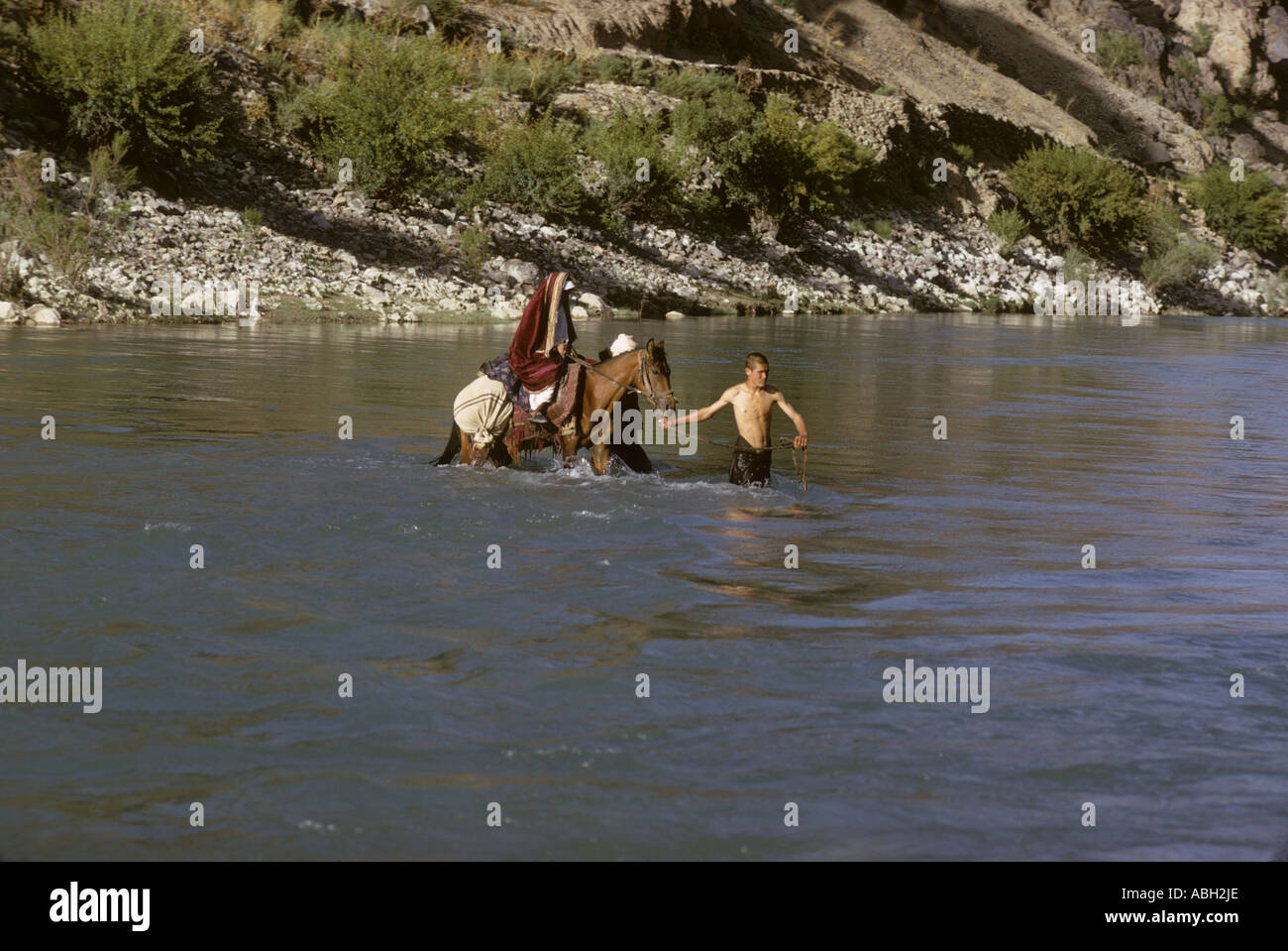 Young wife on a horse being led across the Hari Rud river by her ...