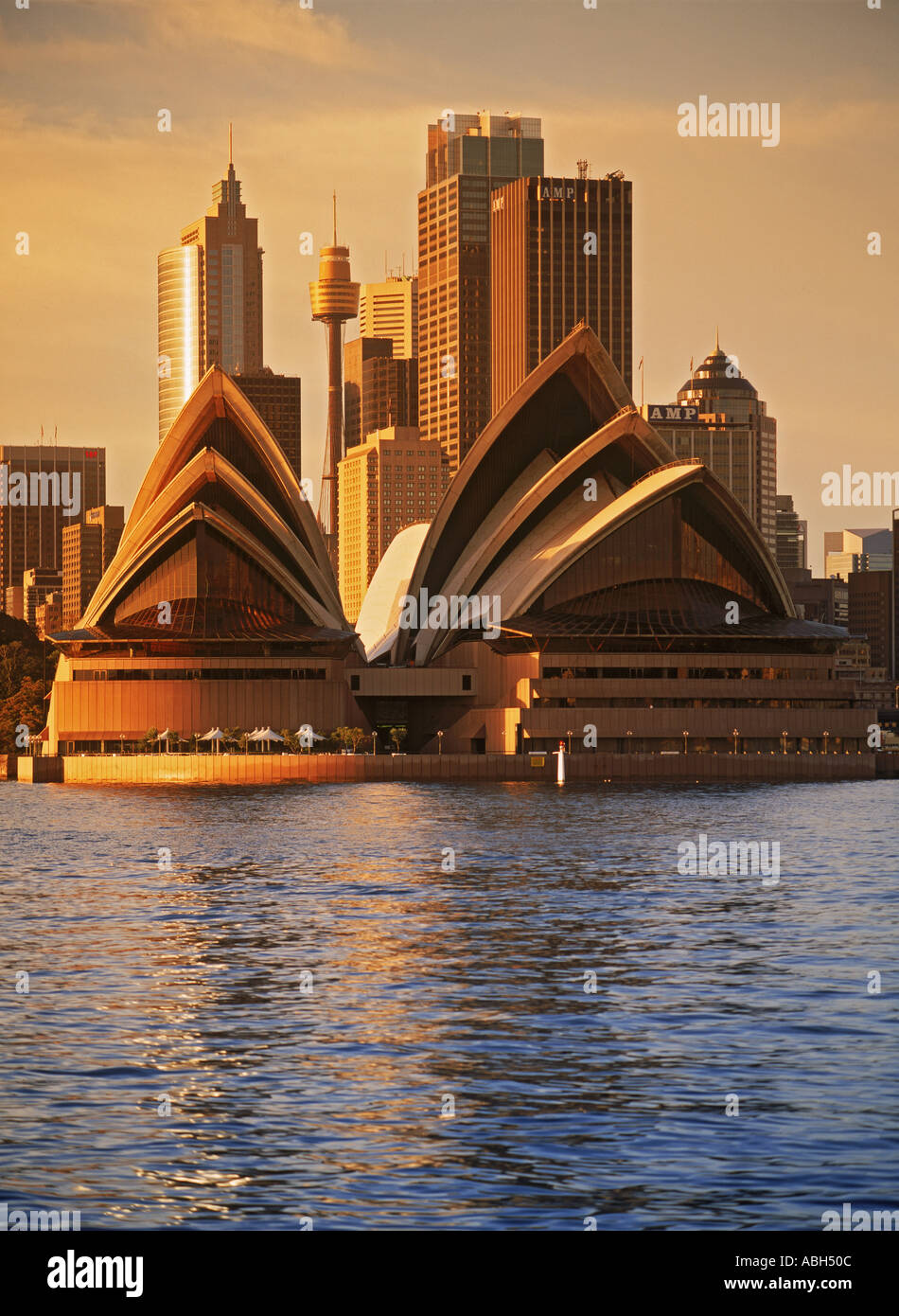 Sydney Tower and skyline above Sydney Opera House at dawn Stock Photo ...