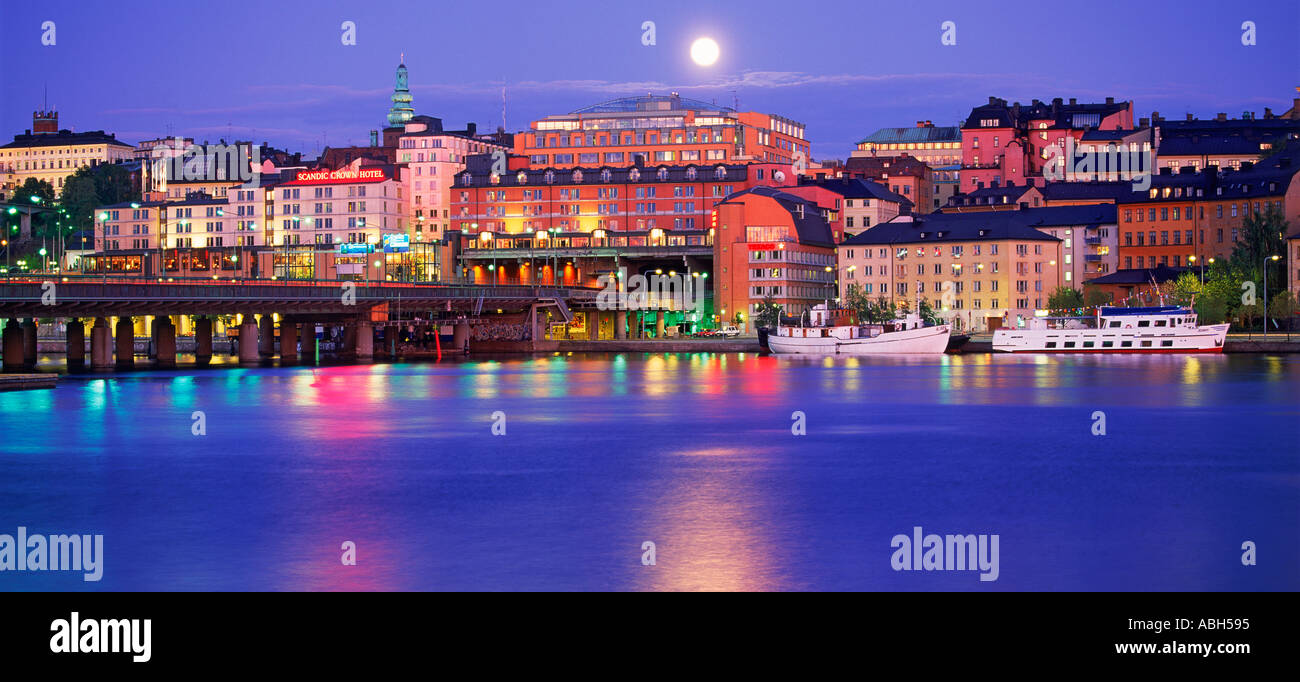 Moon over Söder Mälarstrand and Mariaberget in Stockholm Stock Photo ...