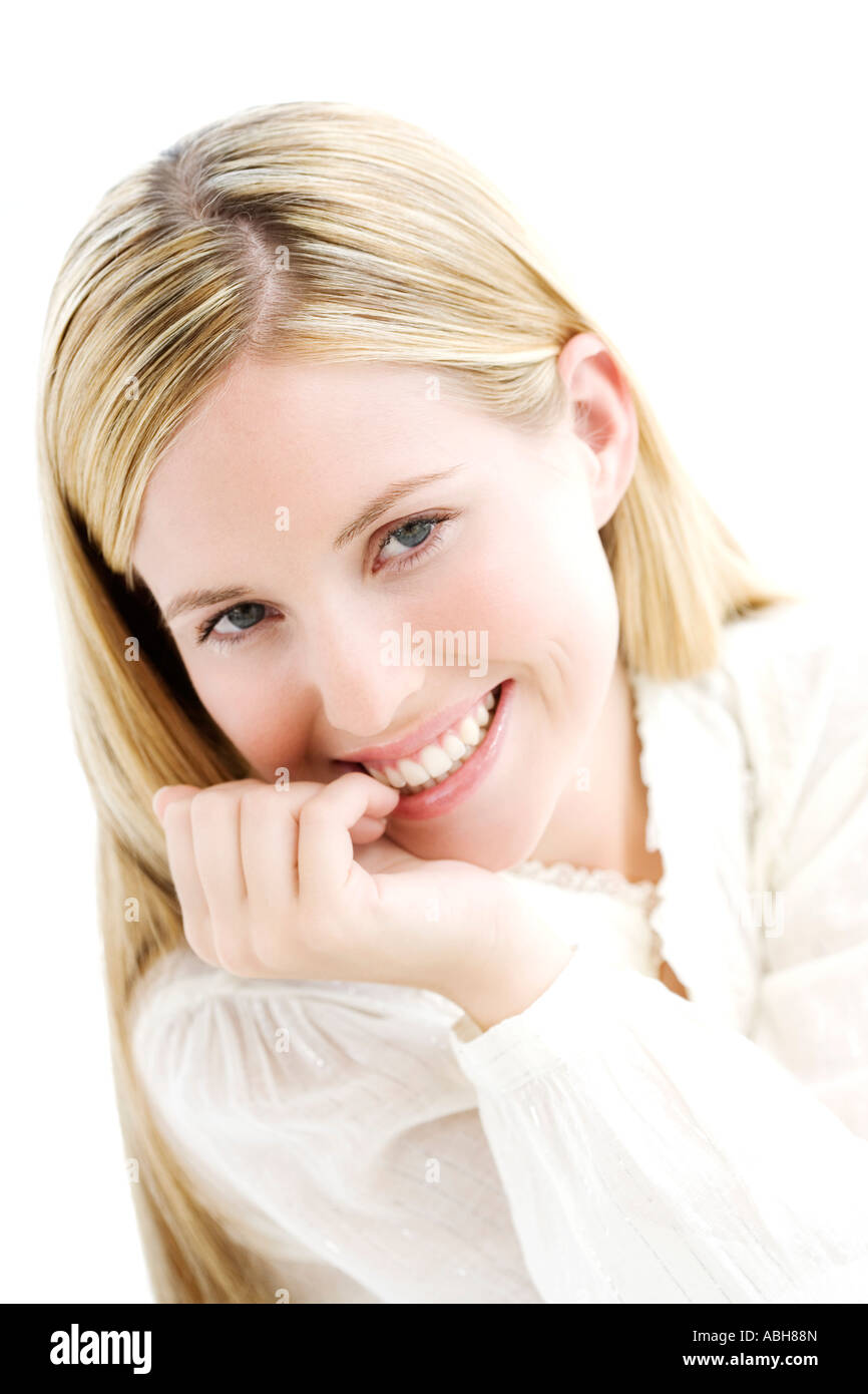 Portrait of a young woman making-up her mouth, indoors (studio Stock ...