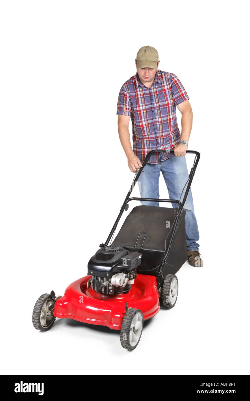 Lawnmower with man pushing cut out on white background Stock Photo - Alamy