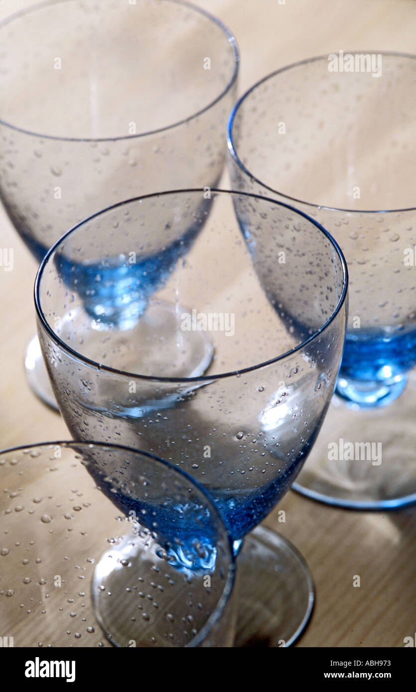 Group of blue bubble glass water glasses Stock Photo - Alamy