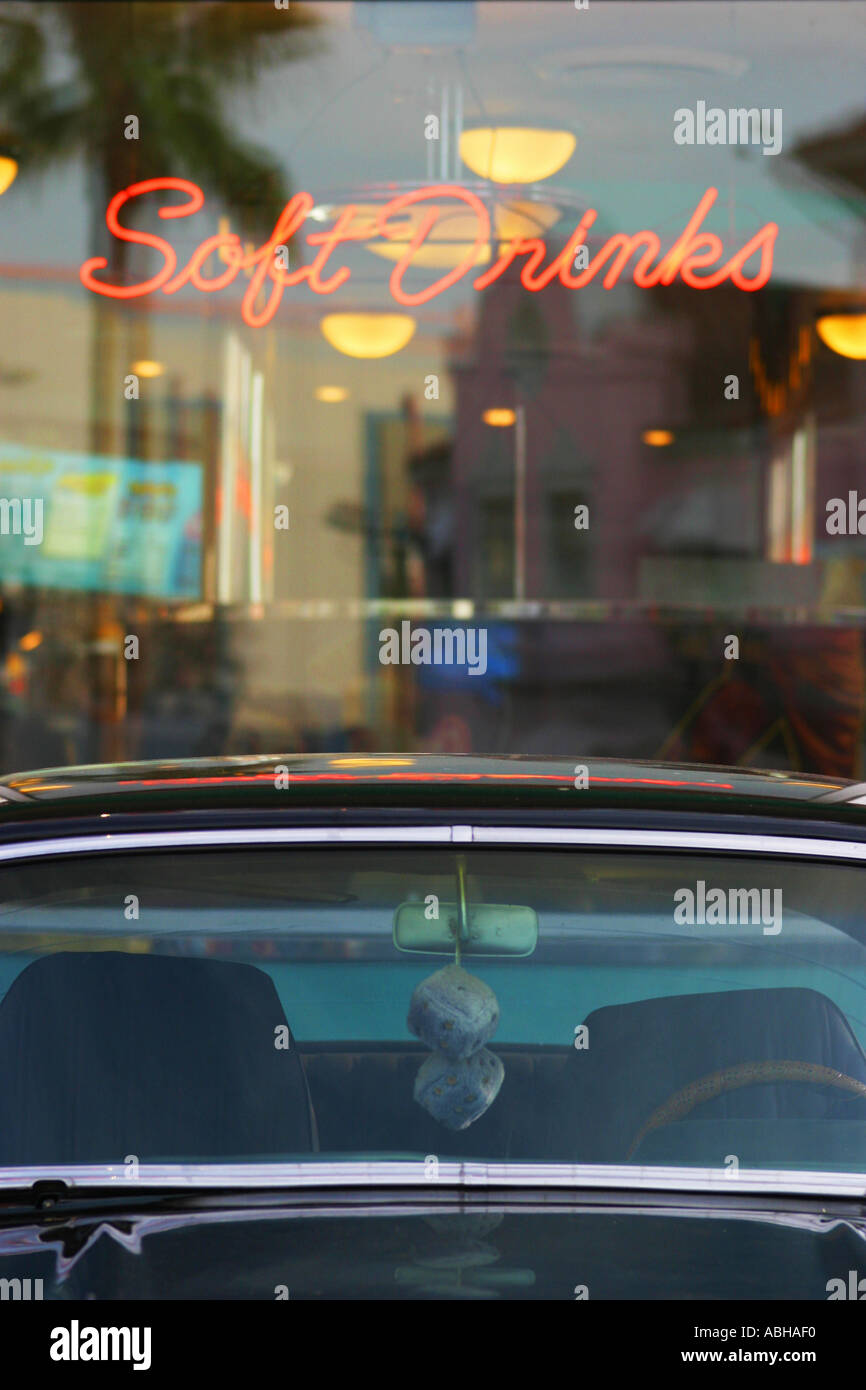 soft drinks neon sign in window of american diner Stock Photo - Alamy