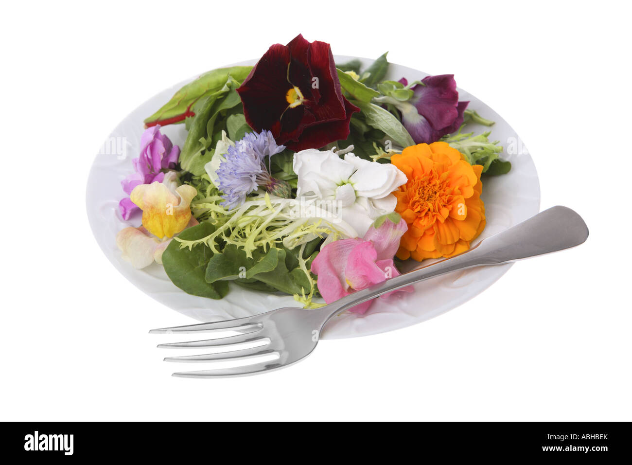 Edible flower salad cut out on white background Stock Photo - Alamy