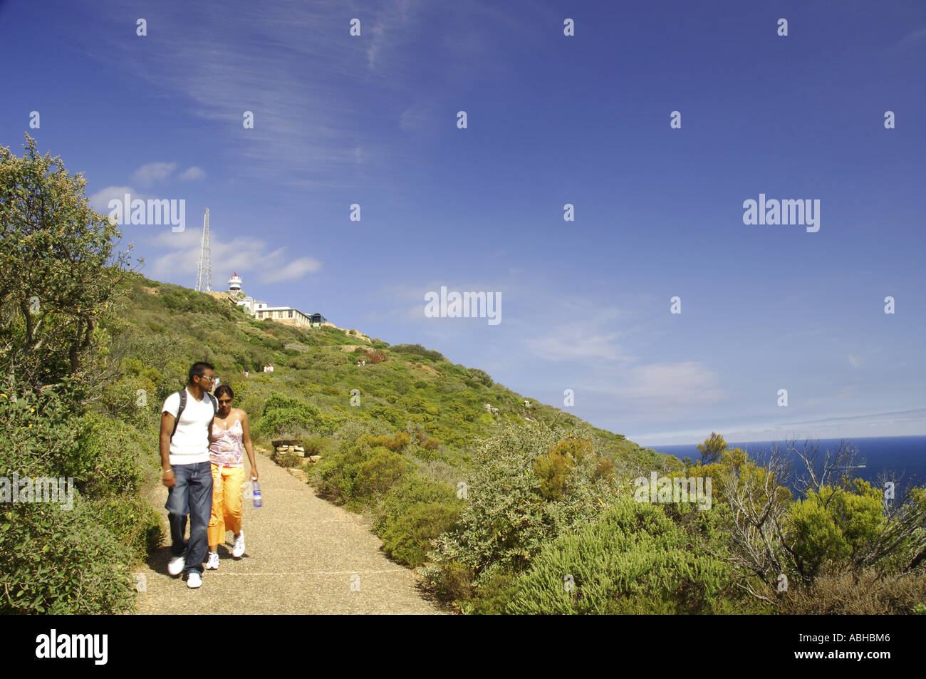 Walking along Cape Point at the tip of the Cape Peninsula which is part ...
