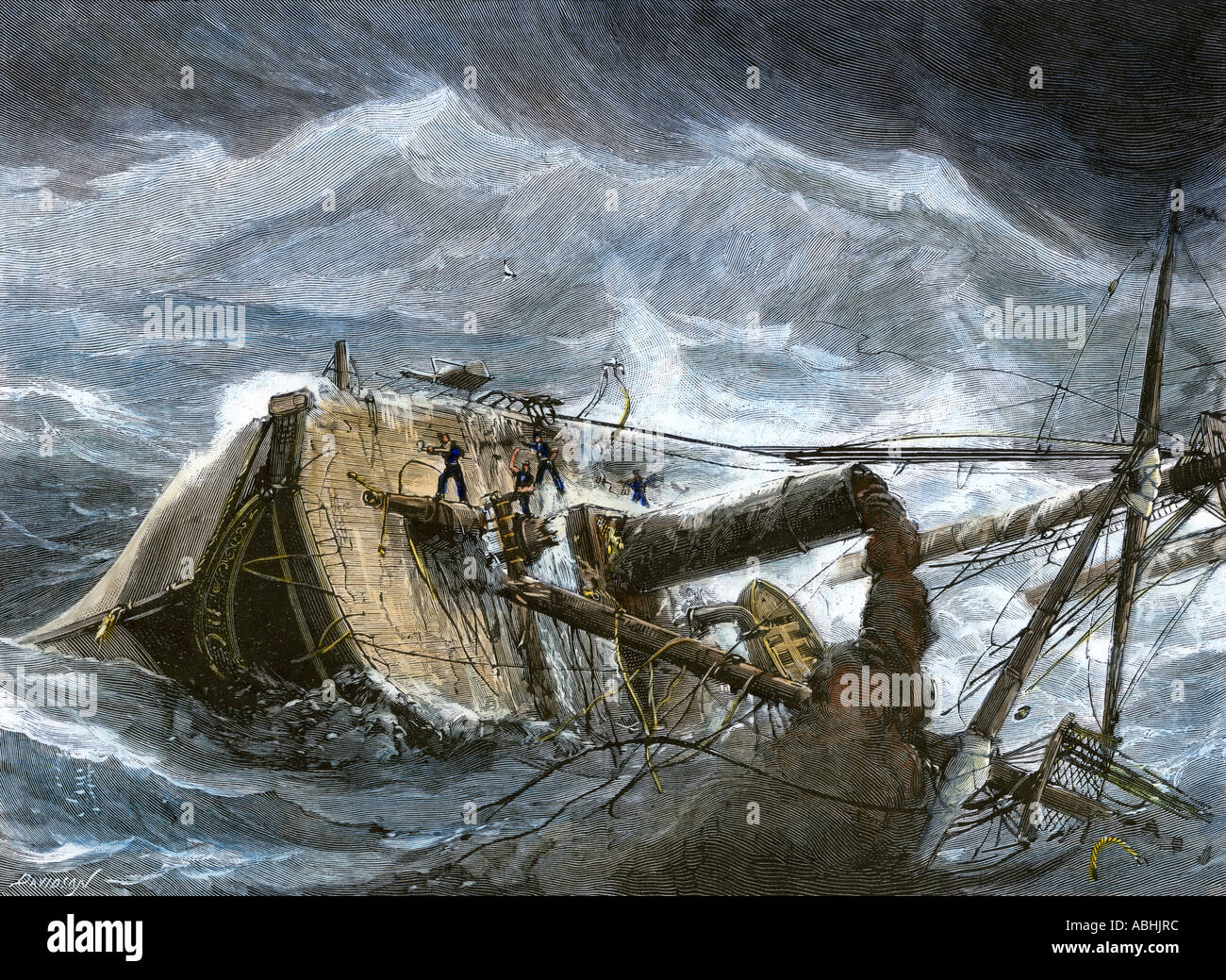 American steamship Yantic heeled over in a hurricane 1880s. Hand ...