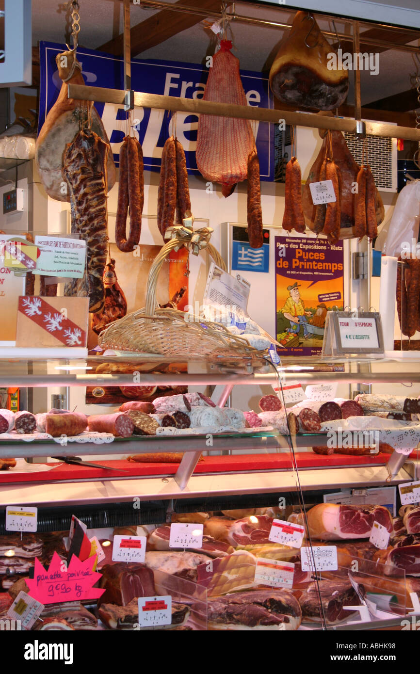A typical French delicatessen indoor market stall of Metz Northern ...