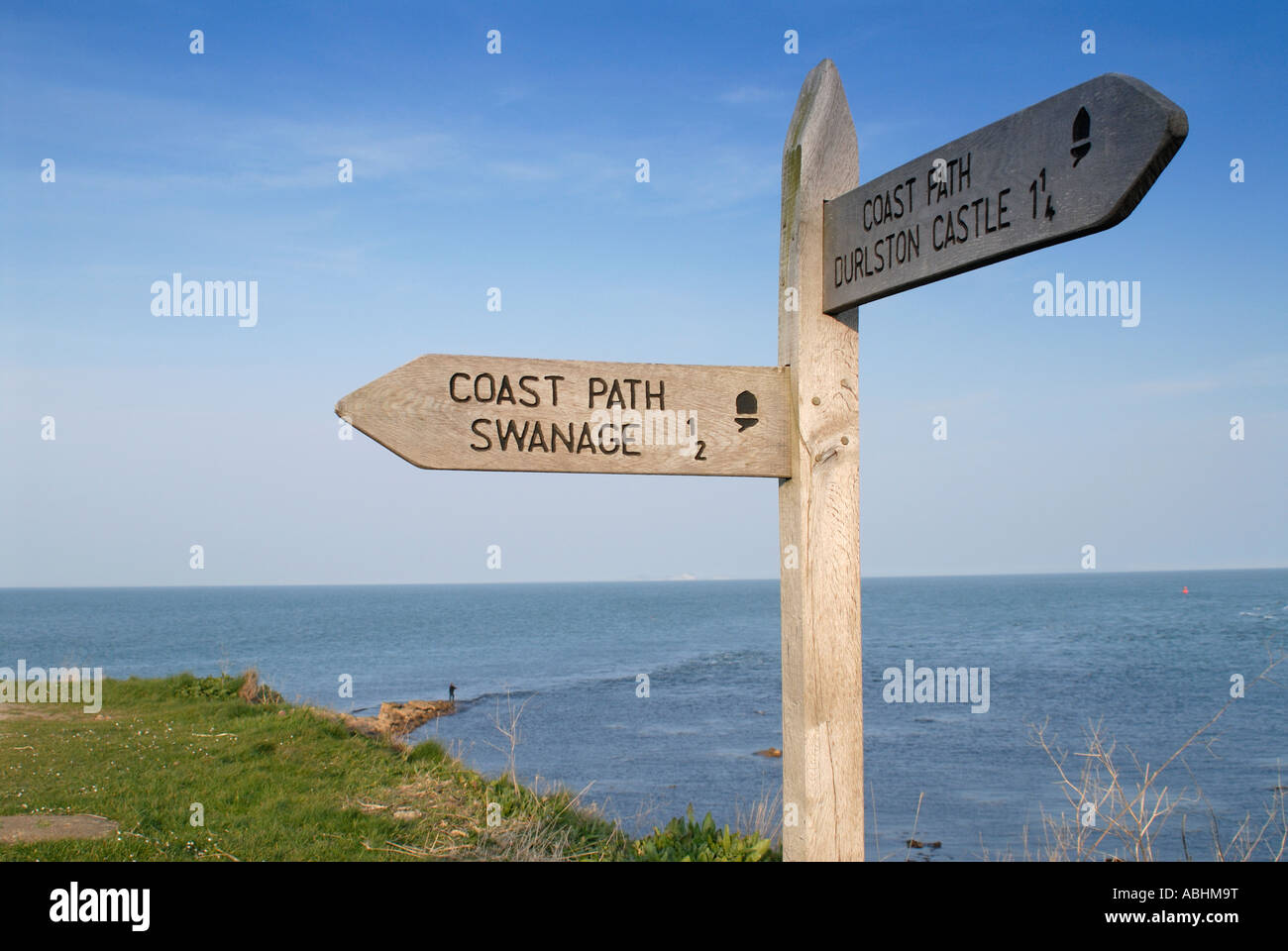Wooden Signpost for Coast Path, Swanage, and Duriston Castle, Dorset in ...