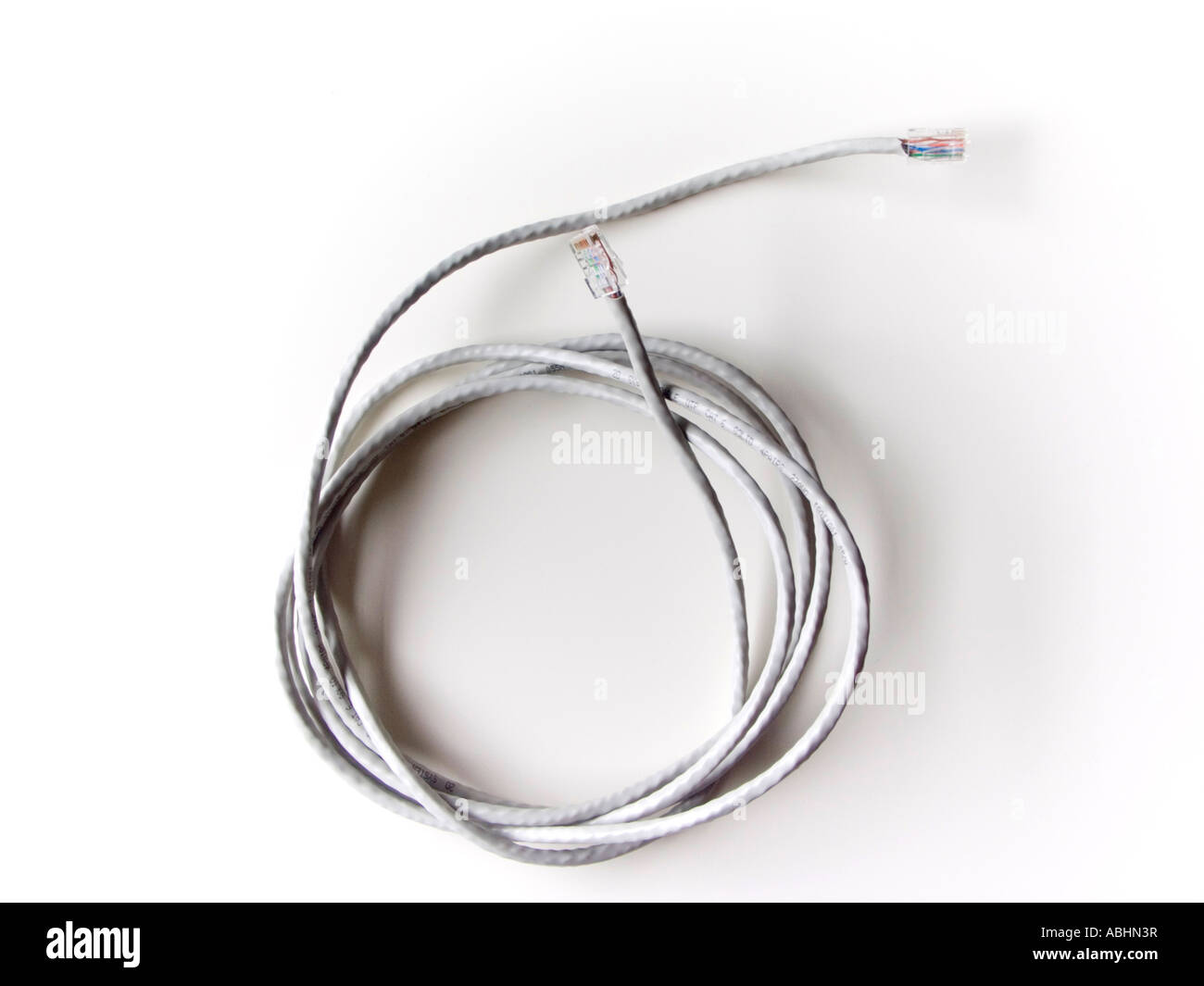 rolled pc rj 45 cable close up on a white background with plug Stock ...