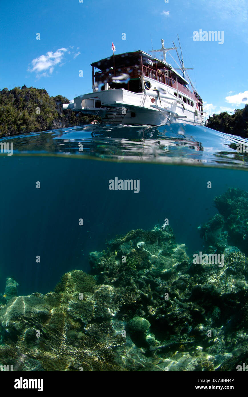 Diving boat around an island in Raja Ampat Stock Photo - Alamy