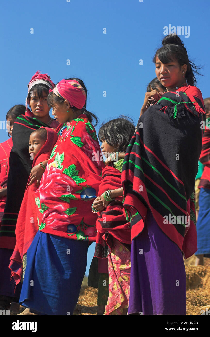 MYANMAR Naga girls from Macham tribe wrapped up in traditional blanket ...